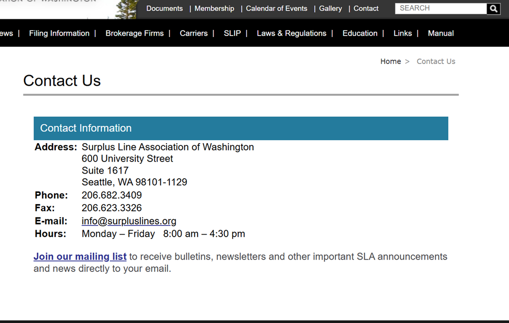 Surplus Line Association of Washington Contact Screen | Washington ...